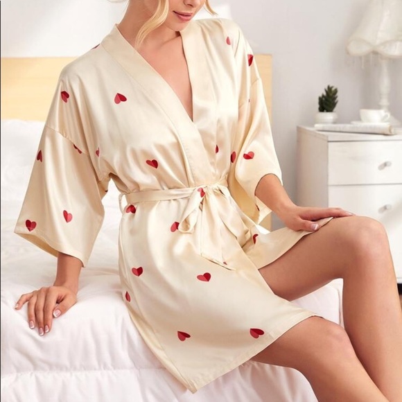 Intimates & Sleepwear | New Beige Satin Silklike Lace Heart Kimono Robe ...